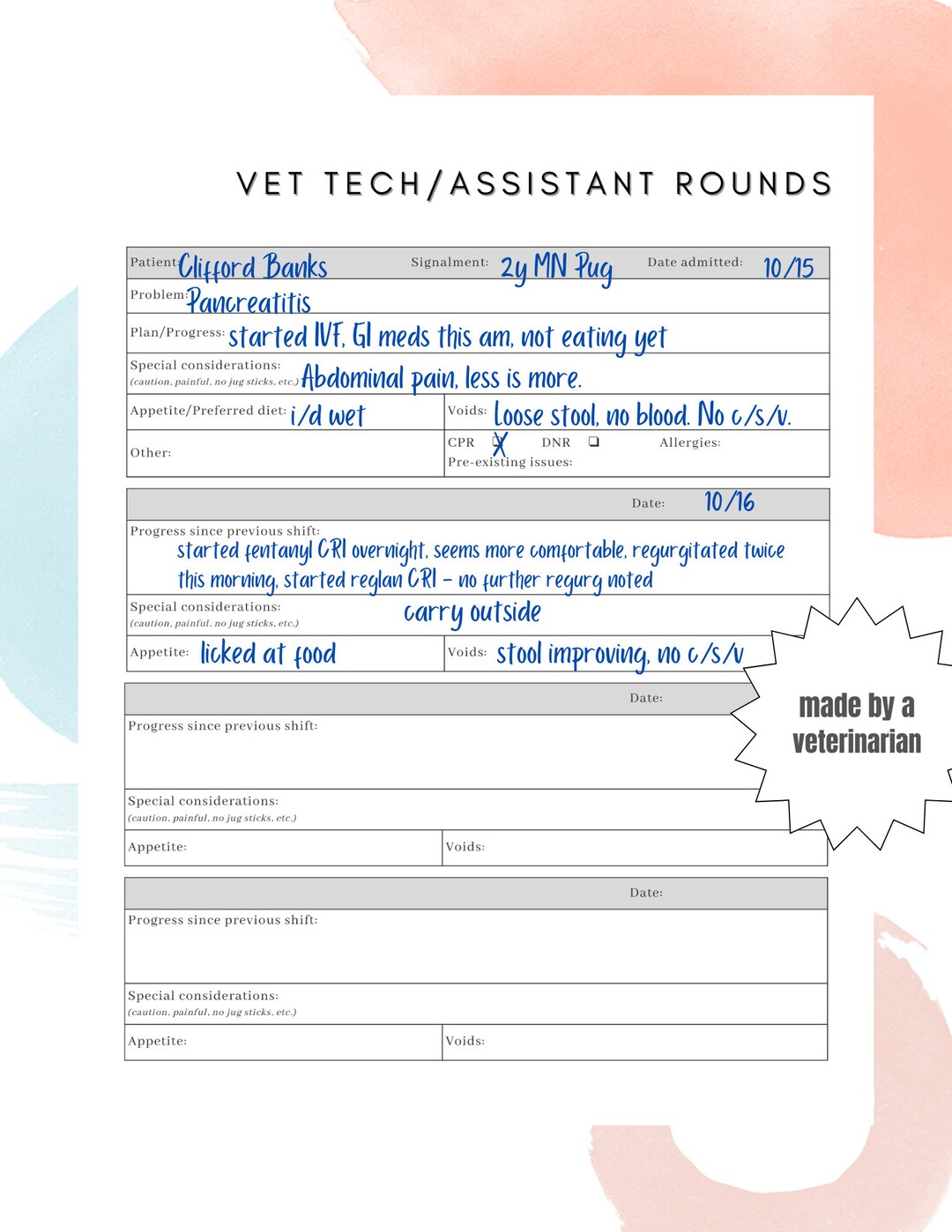 Vet Tech Assistant Patient Rounds Form ER ICU Veterinary Hospital ...