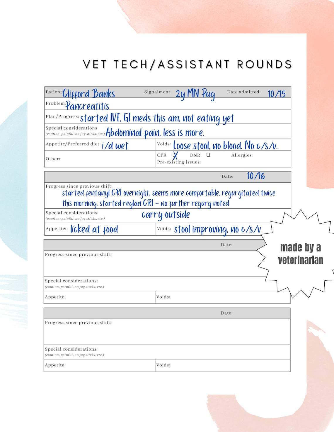 Vet Tech Assistant Patient Rounds Form ER ICU Veterinary Hospital ...