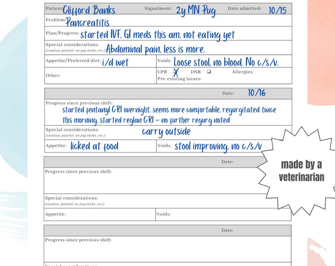 Vet Tech Assistant Patient Rounds Form ER ICU Veterinary Hospital ...