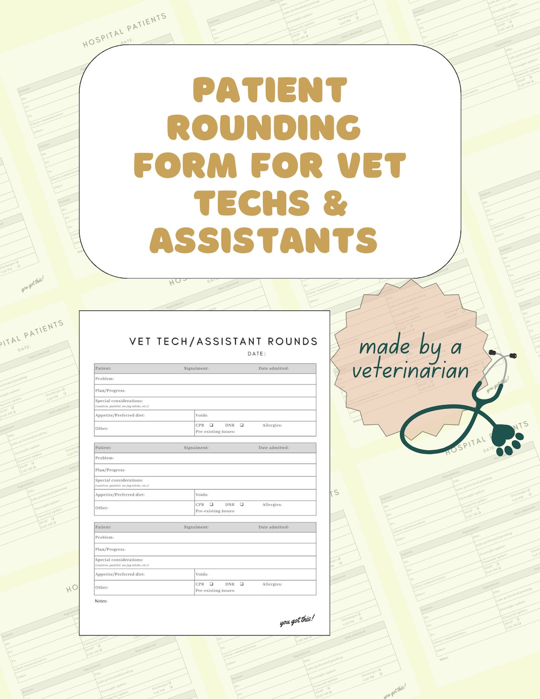 Vet Tech RVT LVT Assistant Patient Rounding Rounds Form ER Veterinary ...