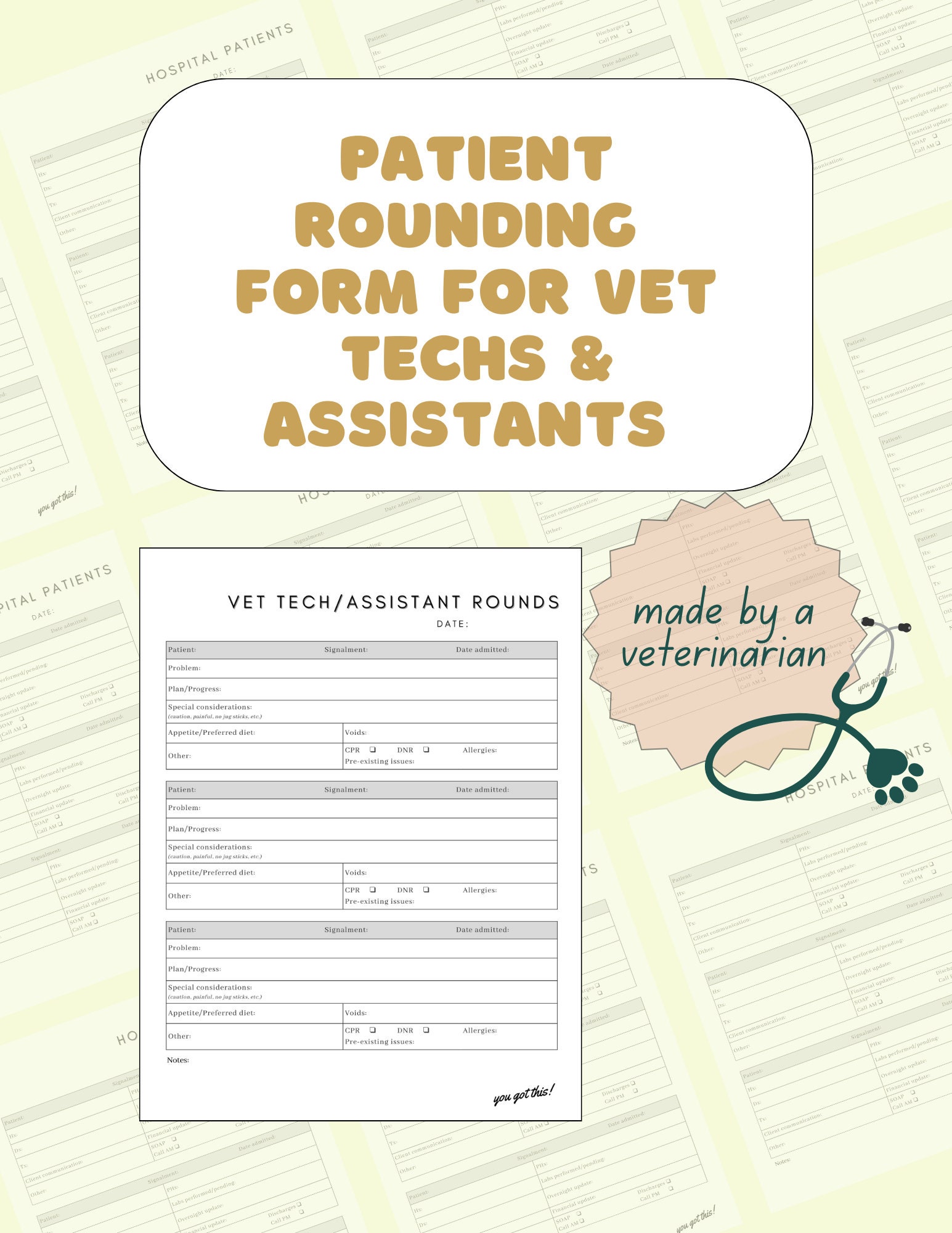 Vet Tech RVT LVT Assistant Patient Rounding Rounds Form ER Veterinary ...