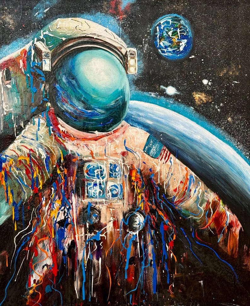 Cosmic Astronaut Painting on Plywood | Original Acrylic Splatter Art ...