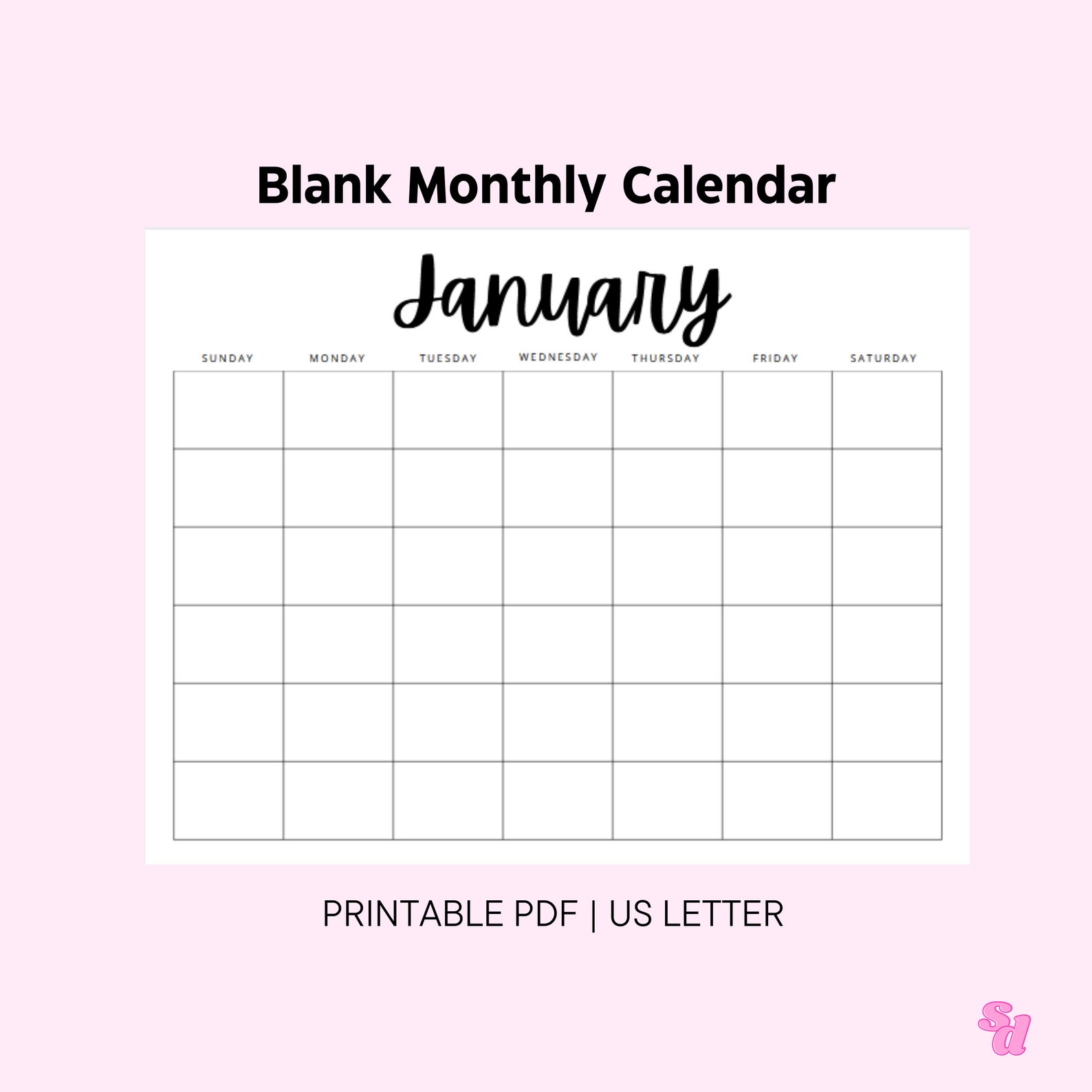 Monthly Blank Calendar // Printable Downloadable Instant Digital ...