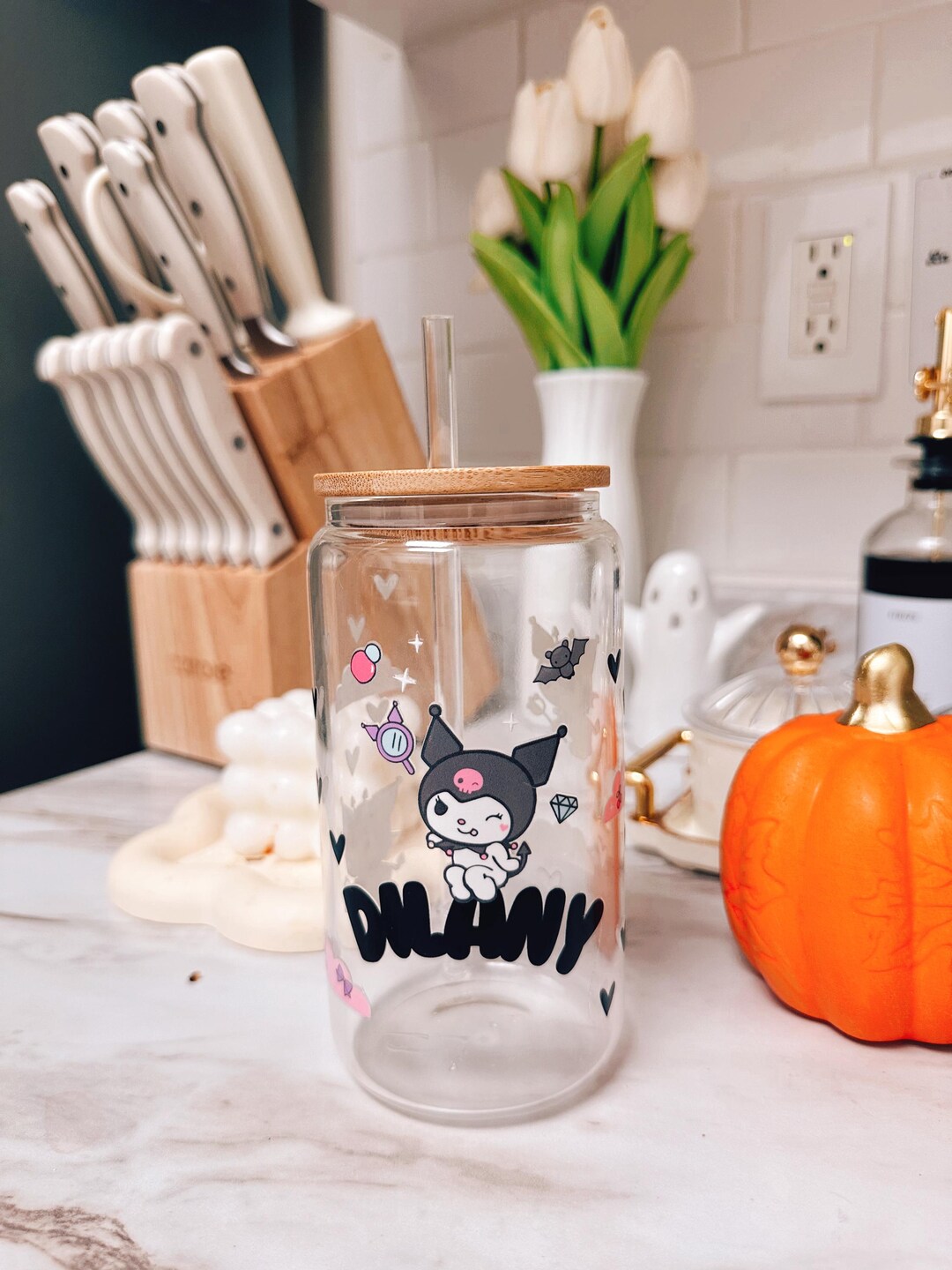 Kuromi Coffe Glass Cup 16onz Custom, Perfect Gift,glass Cups, Iced ...