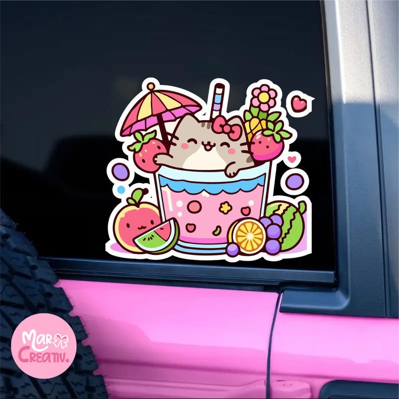 Pusheen Fruits Waterproof Sticker Decal, Bumper Sticker, Pinky Girly ...