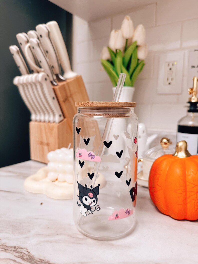 Kuromi Coffe Glass Cup 16onz Custom, Perfect Gift,glass Cups, Iced ...