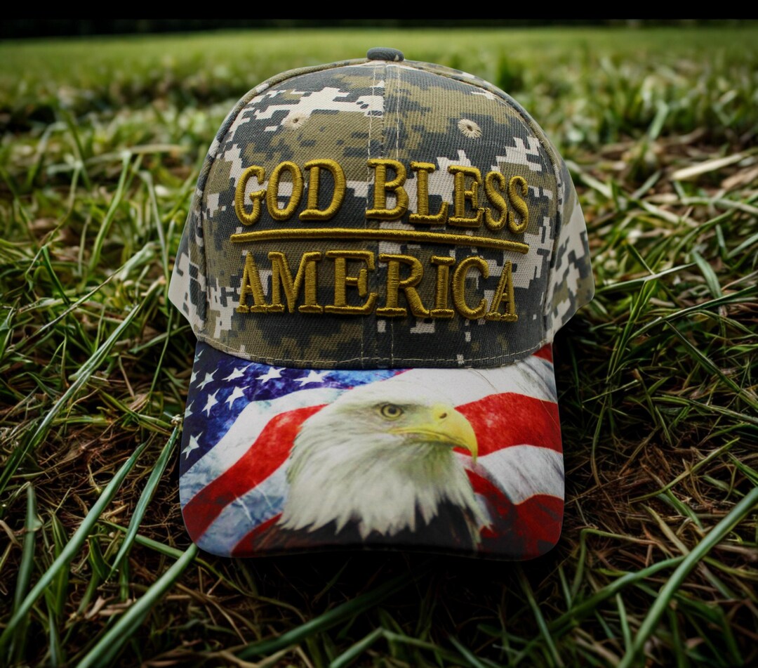 God Bless America Hat. Patriotic USA Camo Hat. American Bald Eagle ...