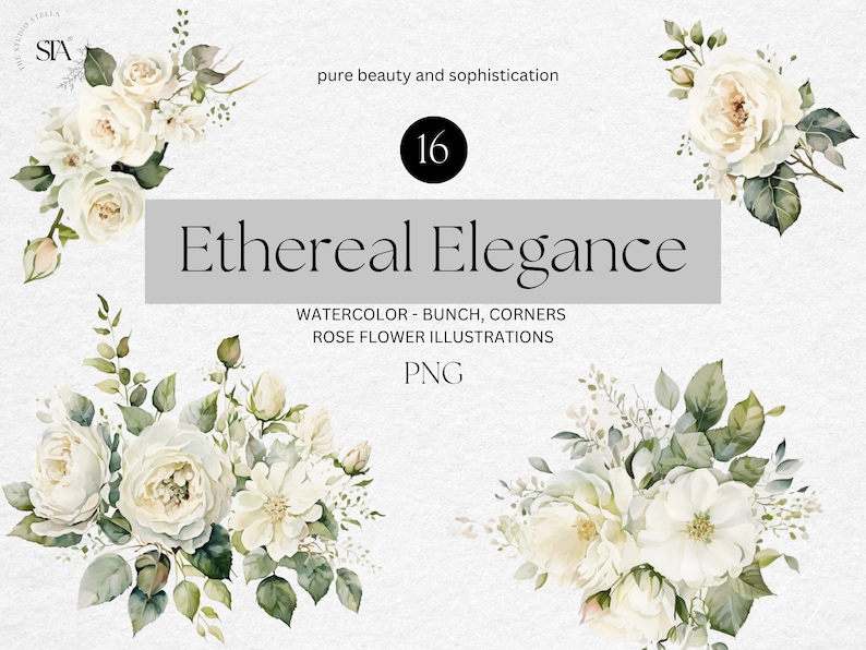 White Roses Corner Watercolor Flowers Botanic - Wedding Clip Art ...