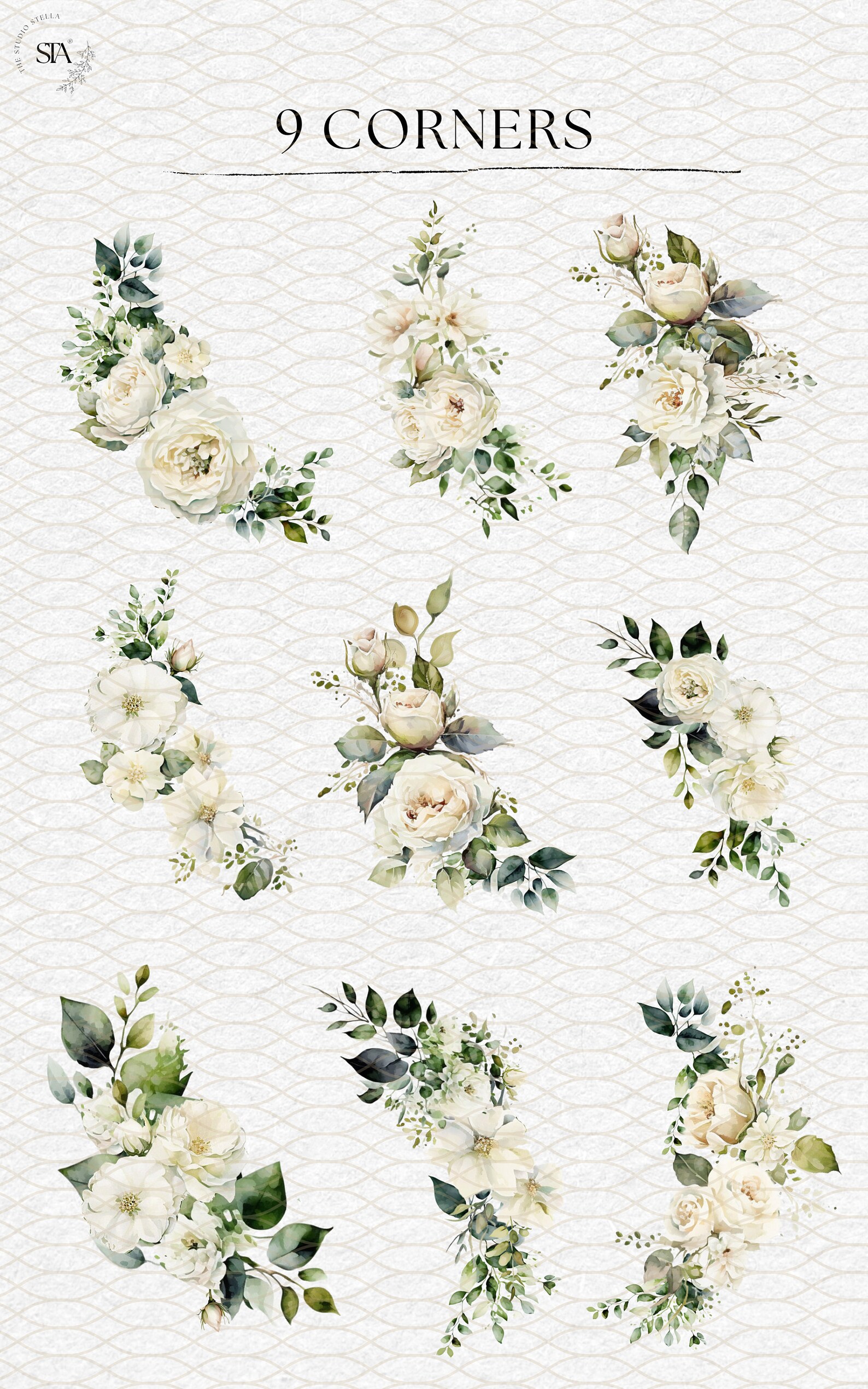 White Roses Corner Watercolor Flowers Botanic - Wedding Clip Art ...