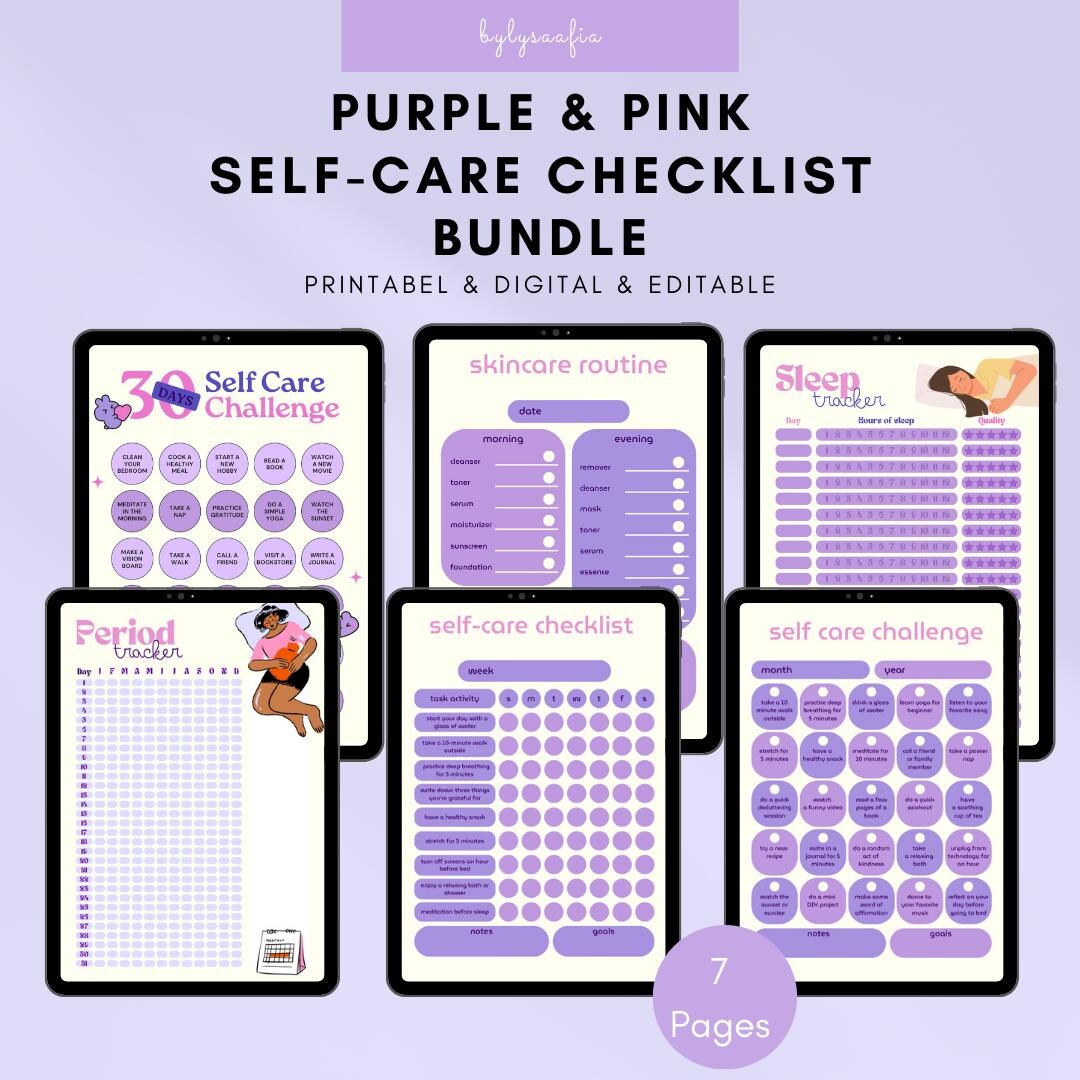 Purple Self Care Checklist Bundle Printable ,daily,editable Self-care ...