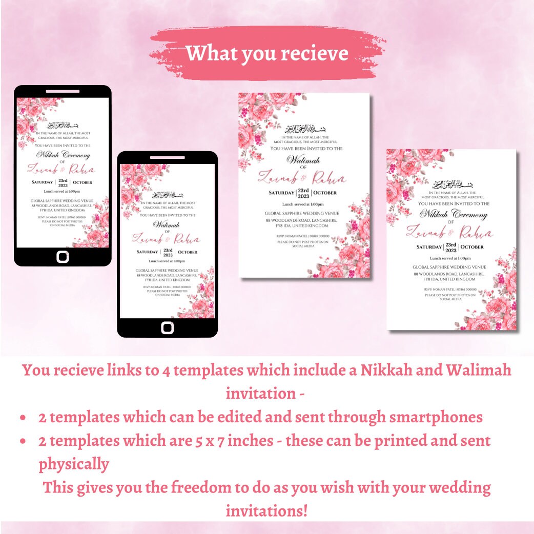Islamic Muslim Wedding Invitation Digital Einvite Nikkah Walimah Ruksati Shaadi Bismillah Arabic ...