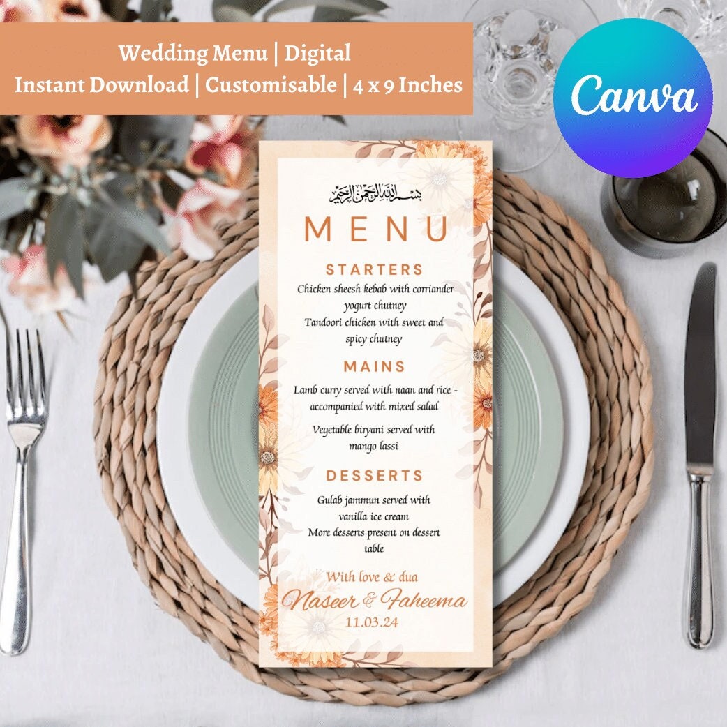 Wedding Menu Template Digital Instant Download Reception - Etsy