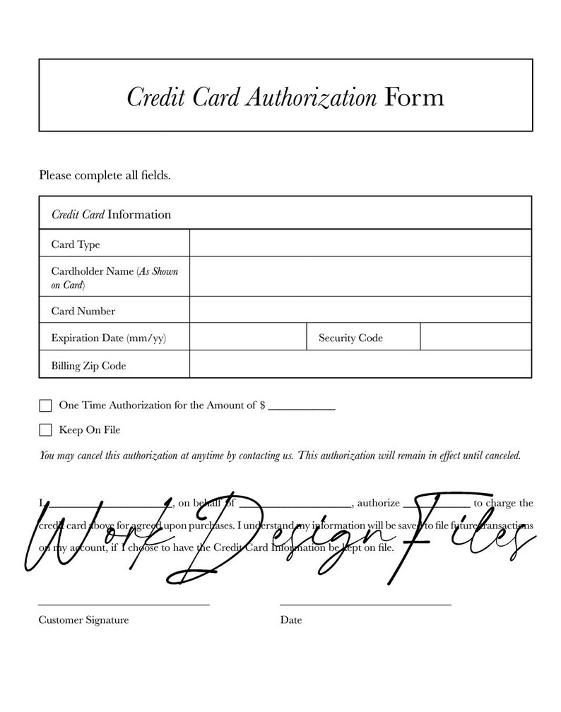 Credit Card Authorization Form - A4 - Letter Size - Printable PDF ...