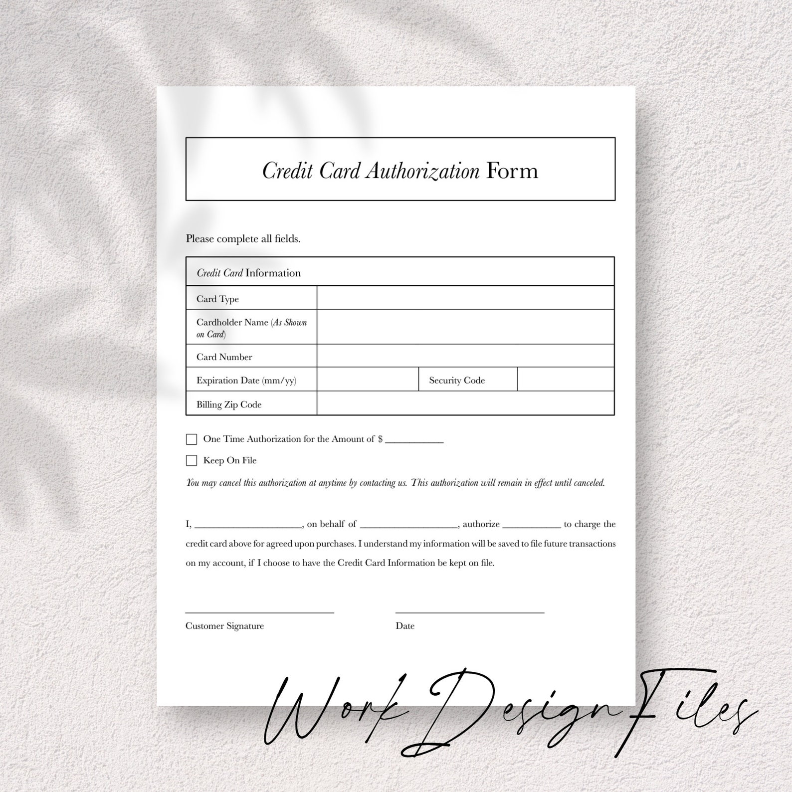 Credit Card Authorization Form - A4 - Letter Size - Printable PDF ...