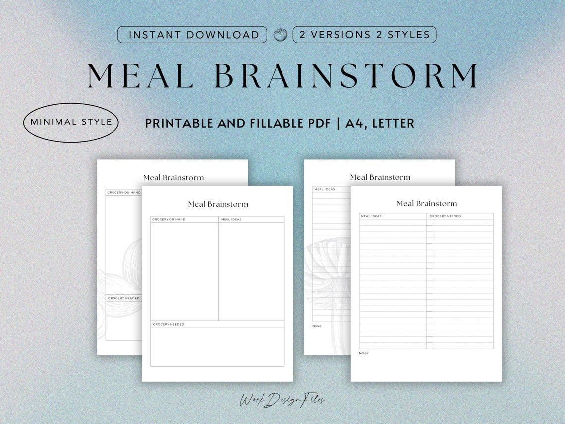 Meal Brainstorm Printable PDF | Minimalist Meal Planning Worksheet ...