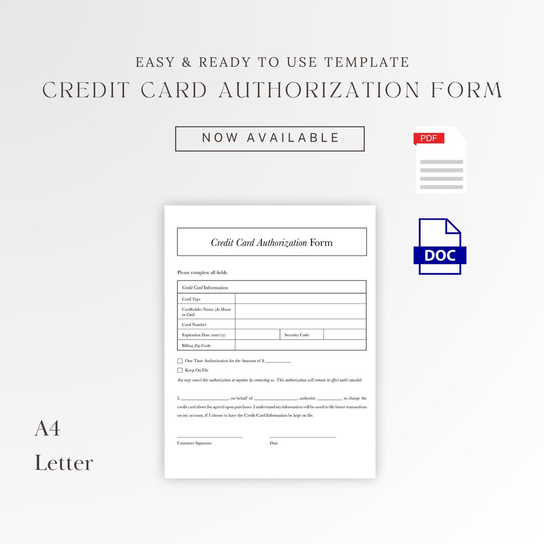 Credit Card Authorization Form - A4 - Letter Size - Printable PDF ...