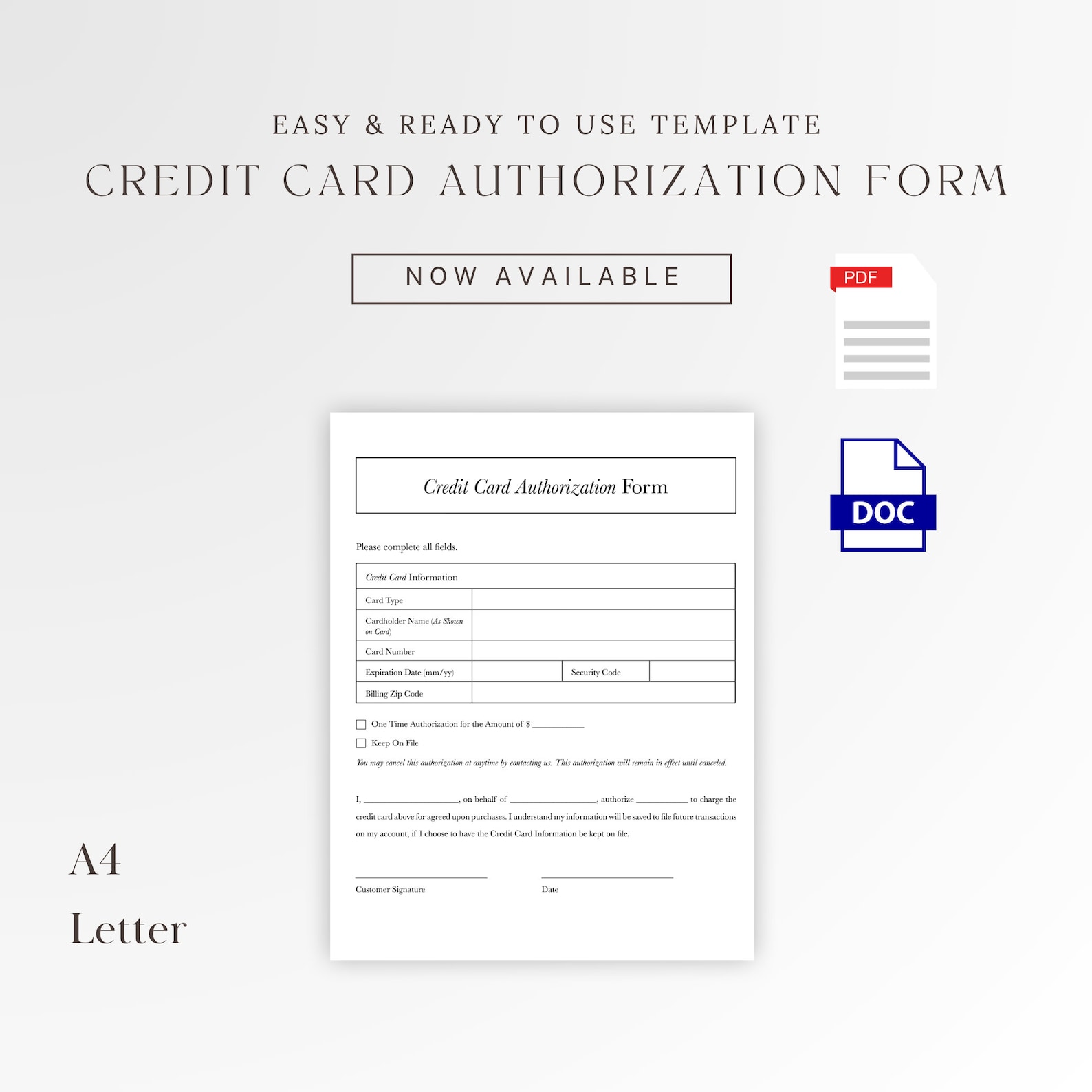 Credit Card Authorization Form - A4 - Letter Size - Printable PDF ...