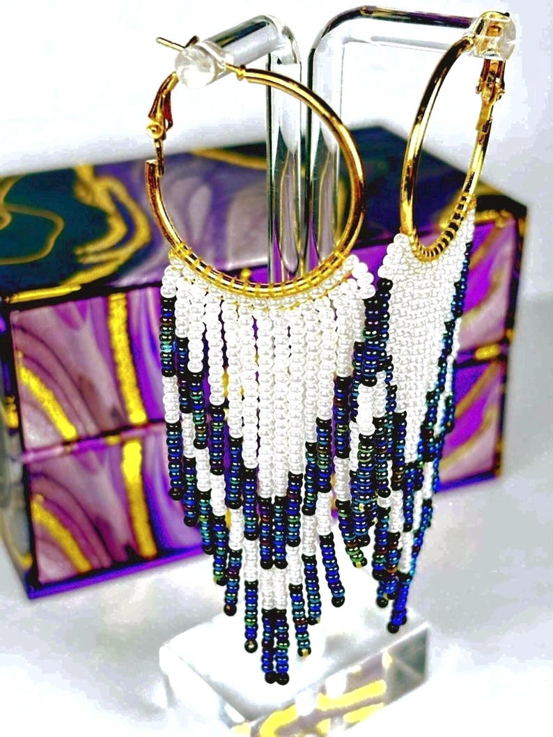 Boho Iridescent Blue, Gold, Black, and White Beaded Fringe Earrings ...