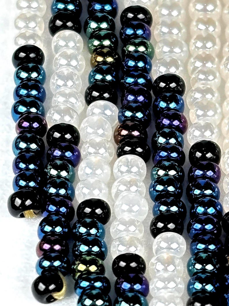 Boho Iridescent Blue, Gold, Black, and White Beaded Fringe Earrings ...