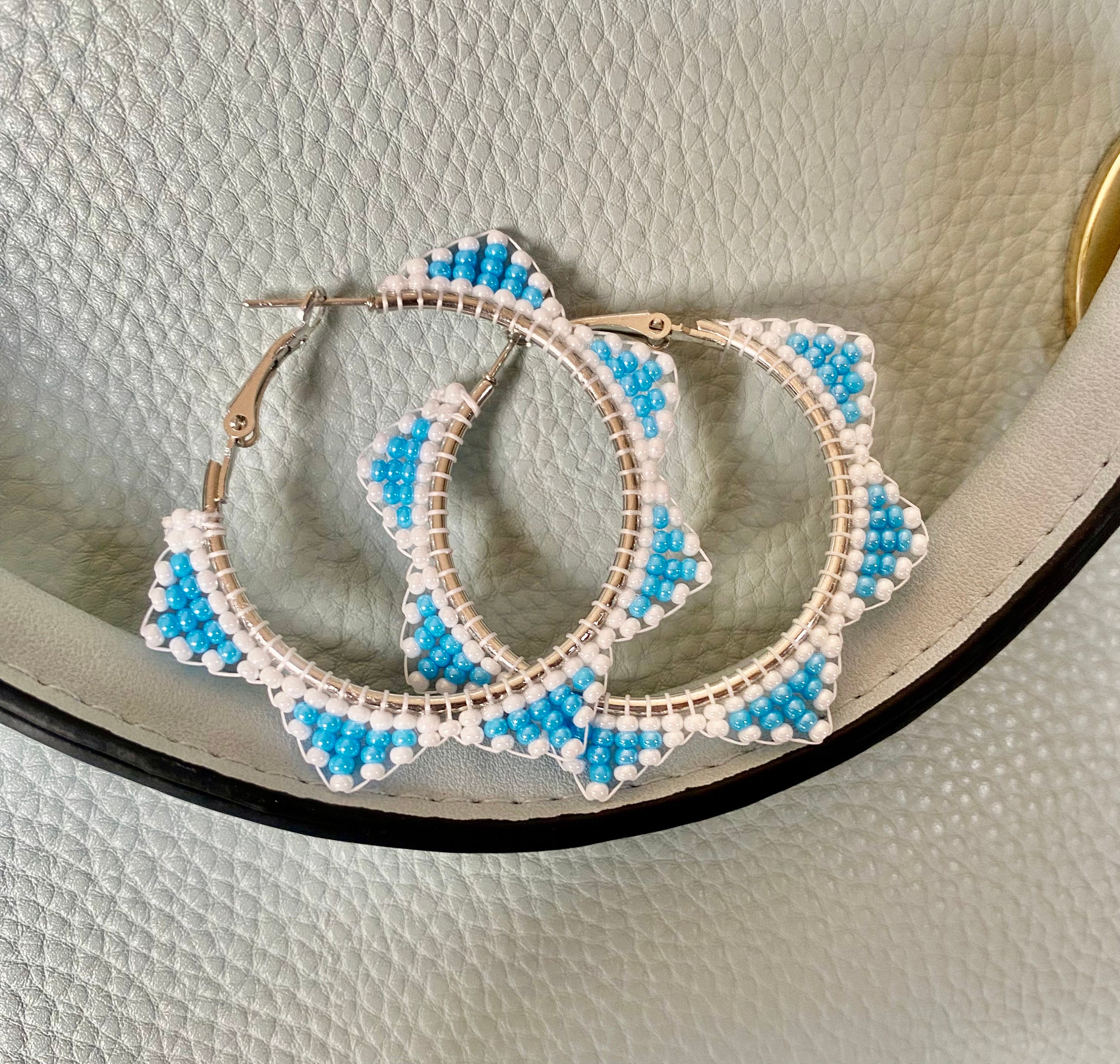 Womens 2 1/8 Blue and White, Star Pattern, Glass Beaded Hoop Earrings With a Snap Back Closure ...