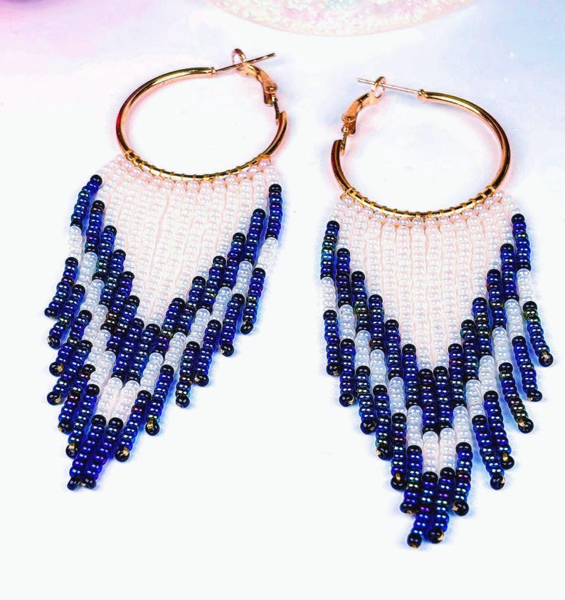 Boho Iridescent Blue, Gold, Black, and White Beaded Fringe Earrings ...