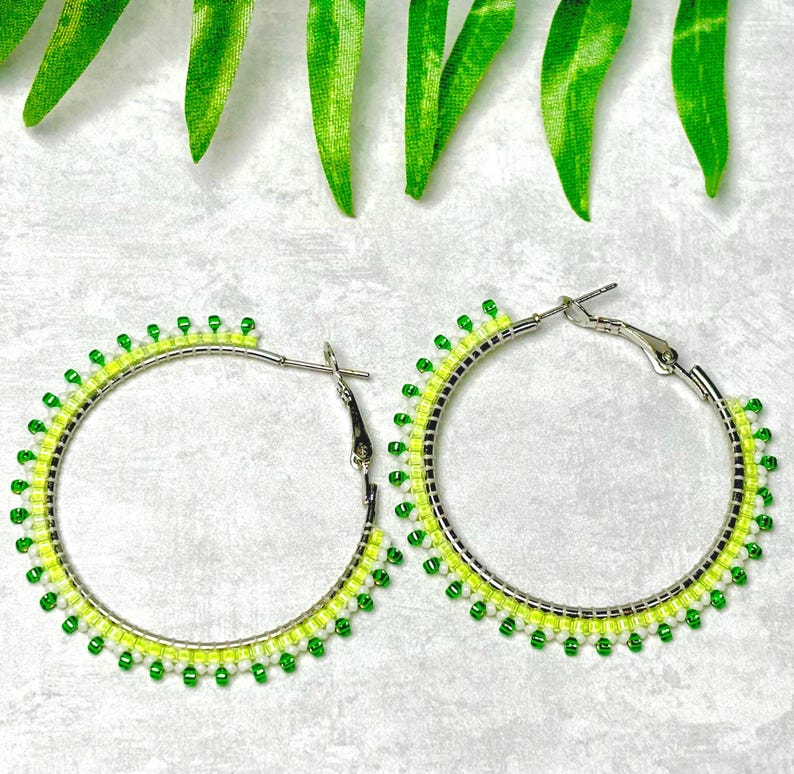 Green Beaded Silver Hoop Earrings With a Snap/lever Back Closure. Boxed ...