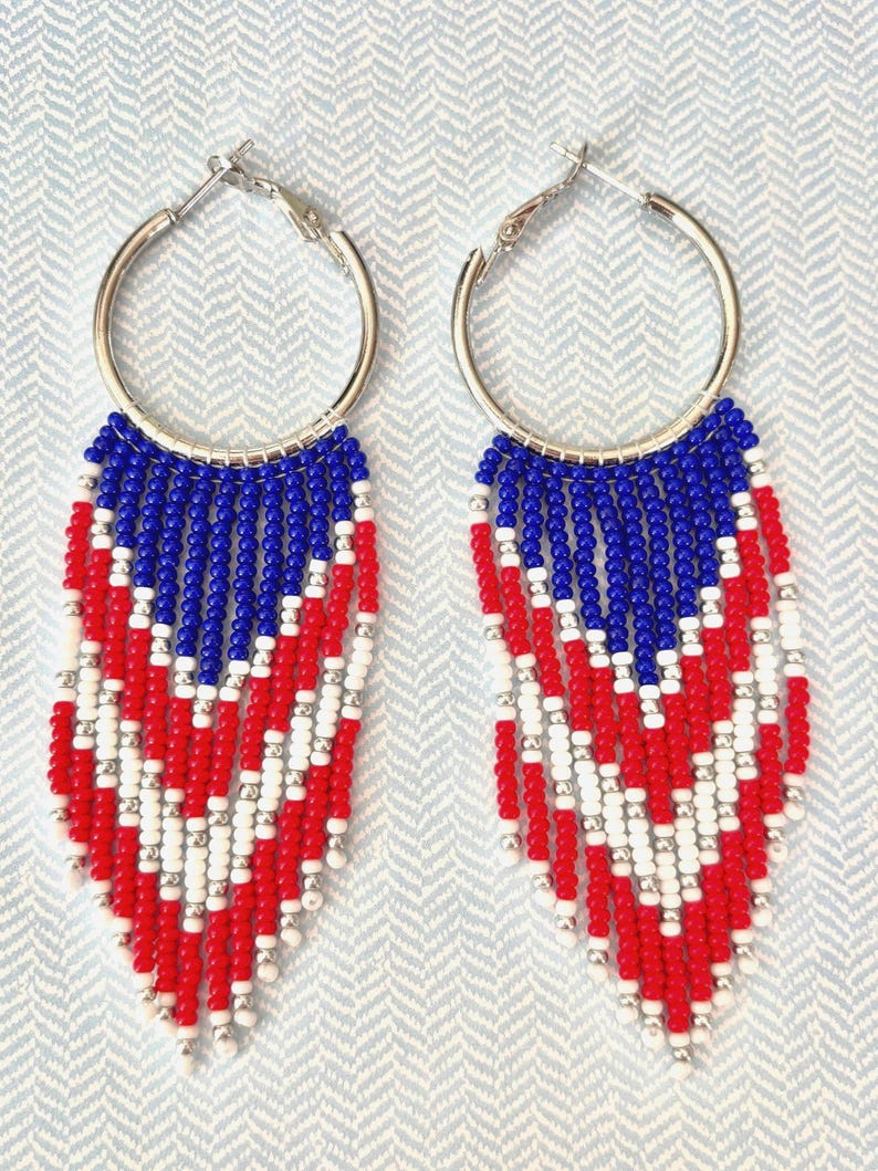 Long Beaded Fourth of July Earrings. Red, White, and Blue Beaded Fringe ...