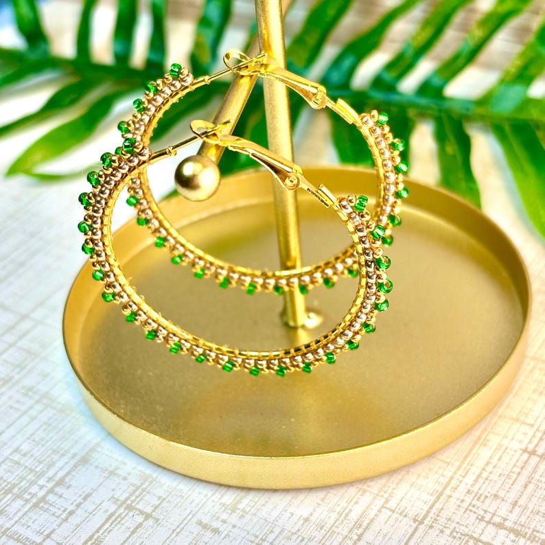 Green and Gold Beaded Gold Hoop Earrings With Lever Back Closures ...
