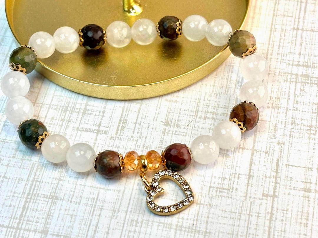 Rhinestone Heart Charm Gemstone Bracelet: White and Neutral Colors ...