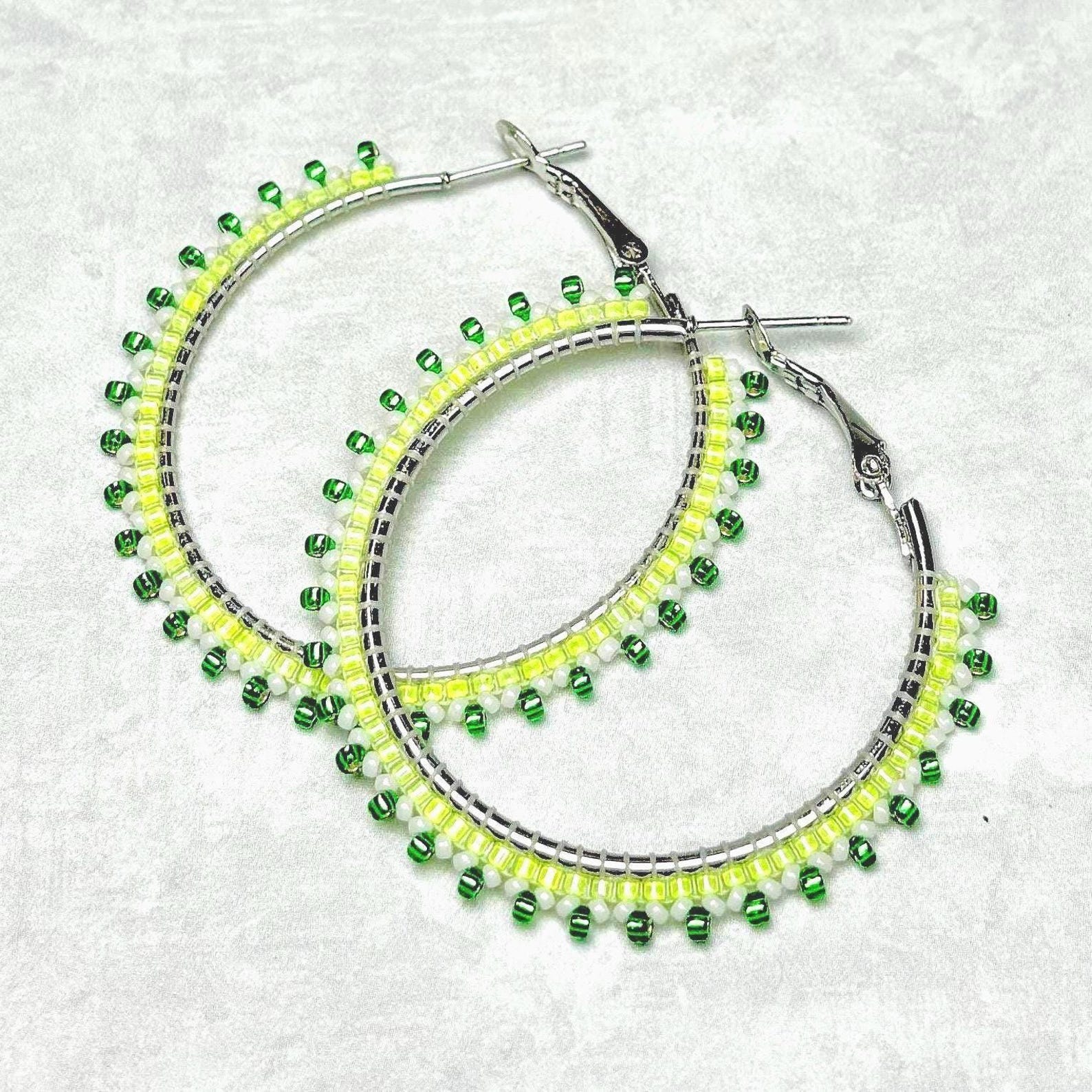 Green Beaded Silver Hoop Earrings With a Snap/lever Back Closure. Boxed ...