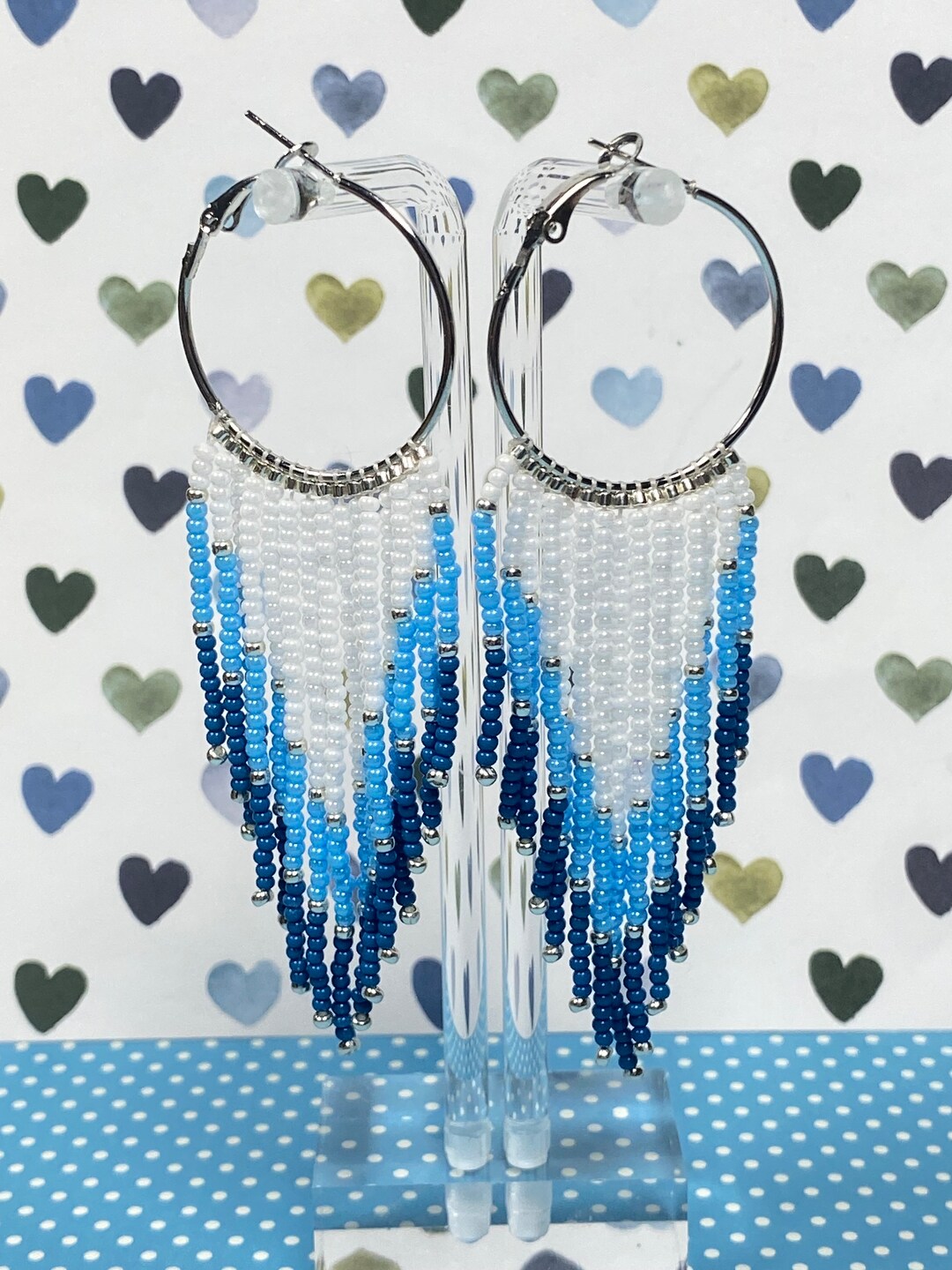 Blue and White Fringe Dangle Hoop Earrings With Lever Back Closures ...