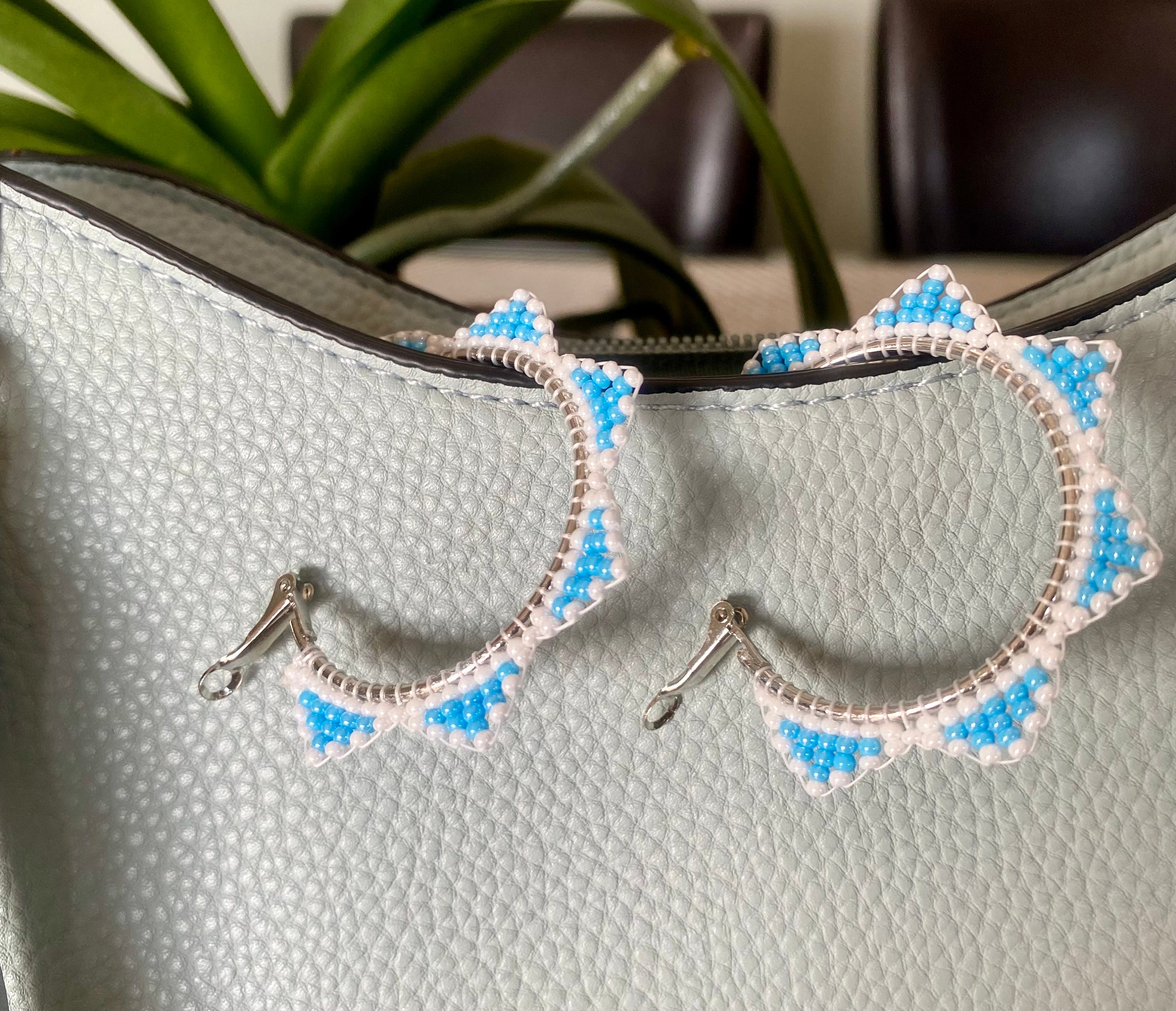 Womens 2 1/8 Blue and White, Star Pattern, Glass Beaded Hoop Earrings With a Snap Back Closure ...