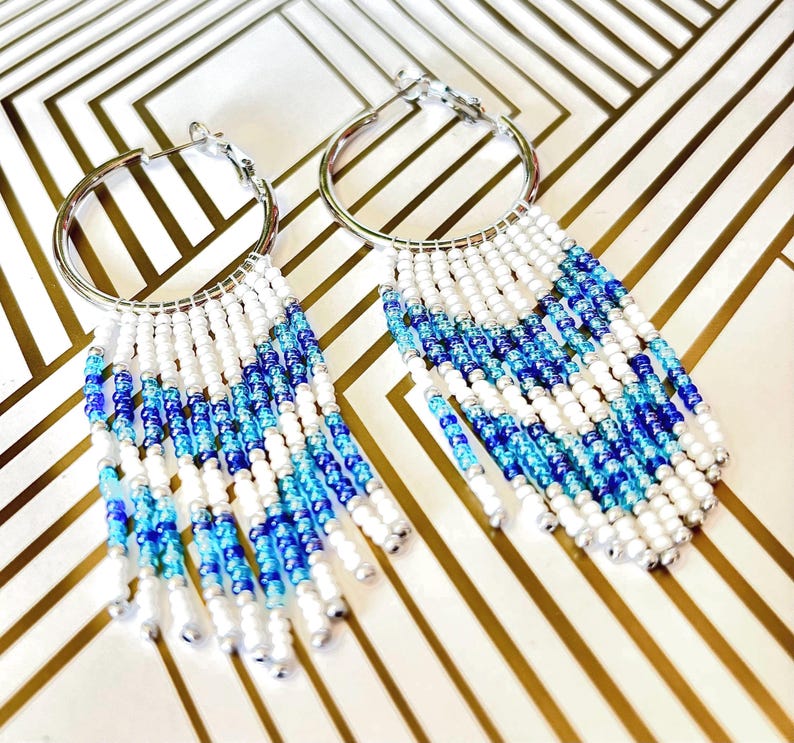 Blue/purple Mix, Silver and White Beaded Fringe Earrings With Lever ...
