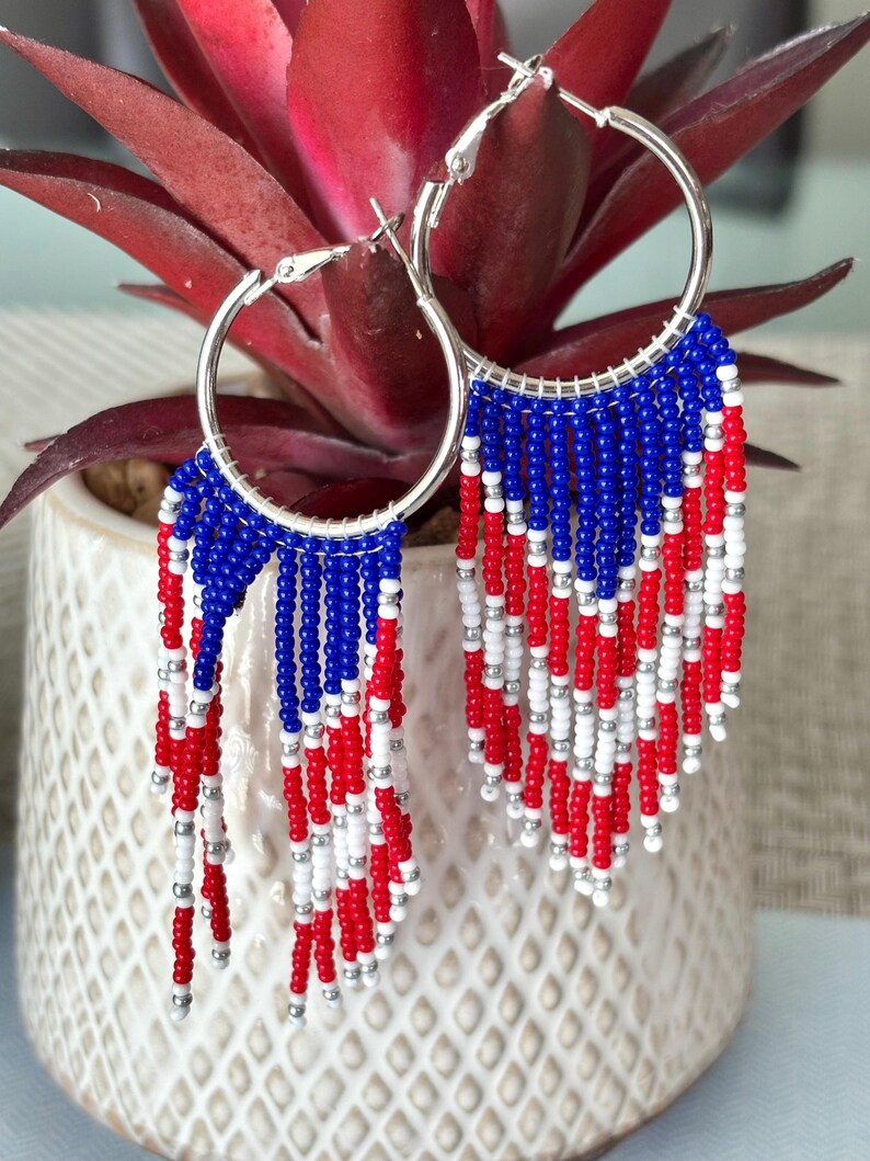 Long Beaded Fourth of July Earrings. Red, White, and Blue Beaded Fringe ...