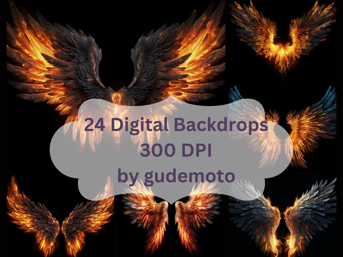 Fire Angel Wings Black Background, 24 Digital Backdrops, Fire Wings ...