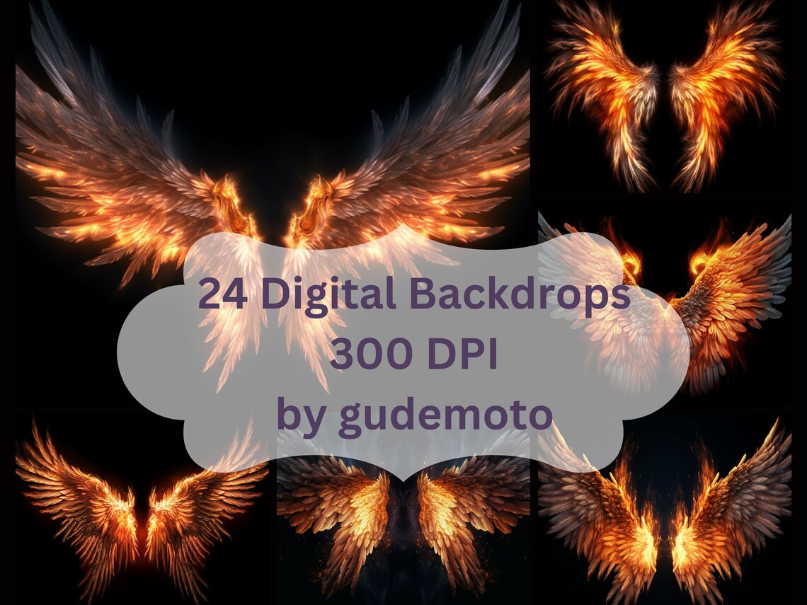 Fire Angel Wings Black Background, 24 Digital Backdrops, Fire Wings ...
