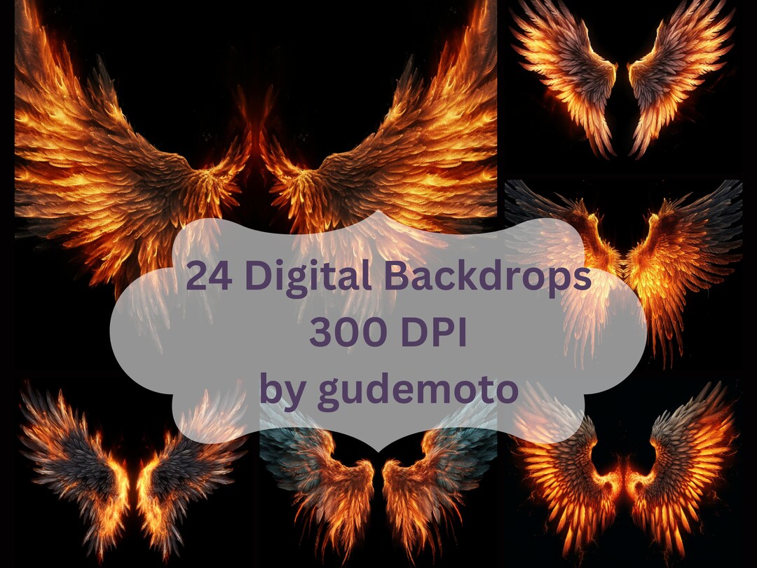 Fire Angel Wings Black Background, 24 Digital Backdrops, Fire Wings ...
