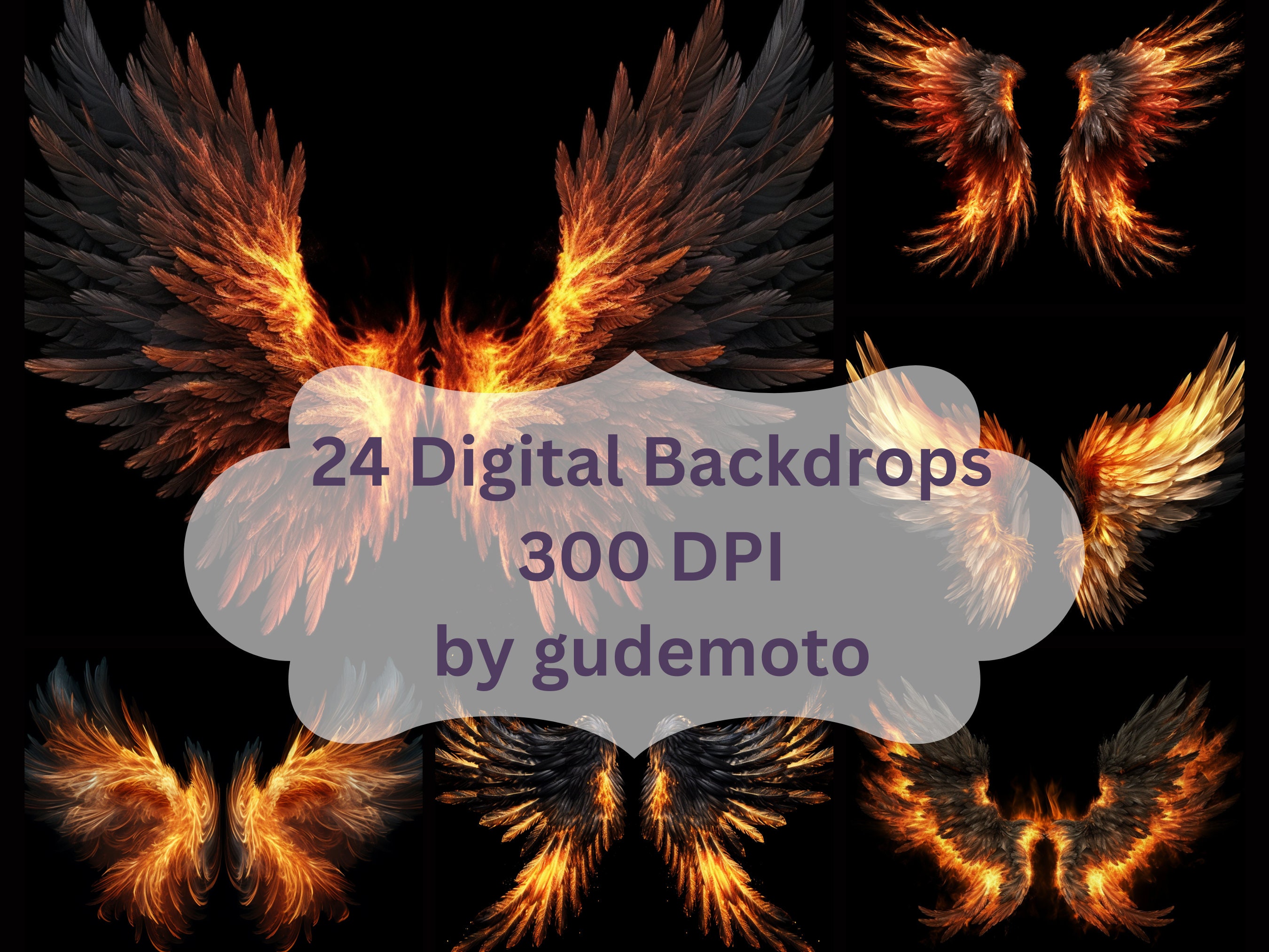 Fire Angel Wings Black Background, 24 Digital Backdrops, Fire Wings ...