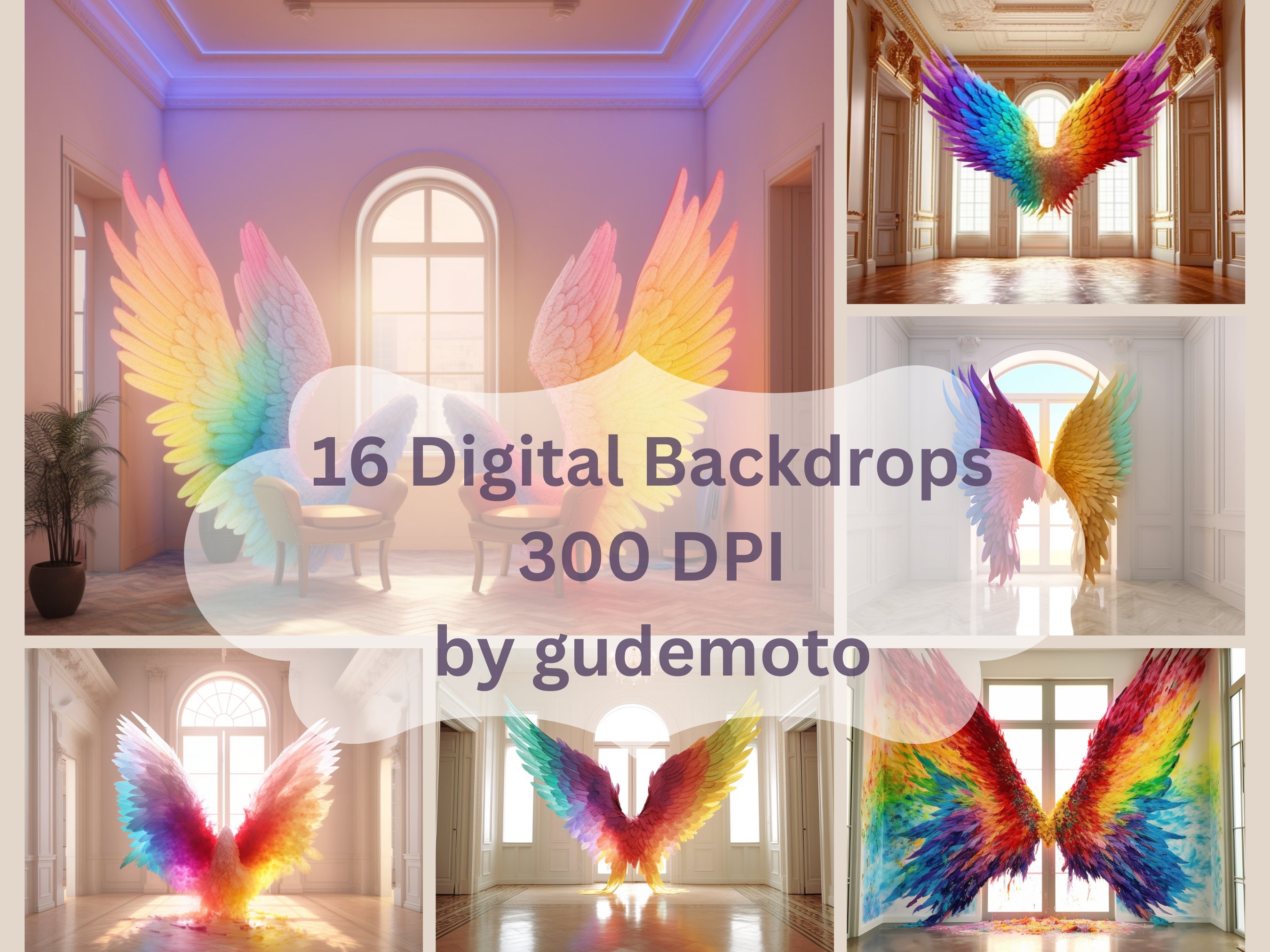 16 X Digital Backdrops, Colorful Angel Wings Digital Backgrounds ...