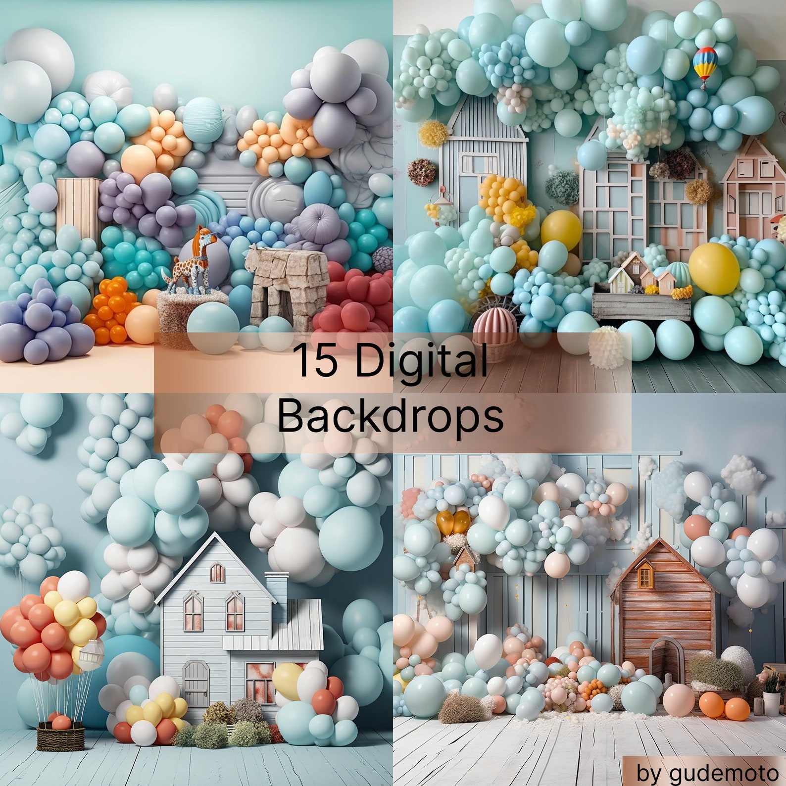 15 X Digital Backdrops, Balloon Digital Backgrounds, Baby Shower ...