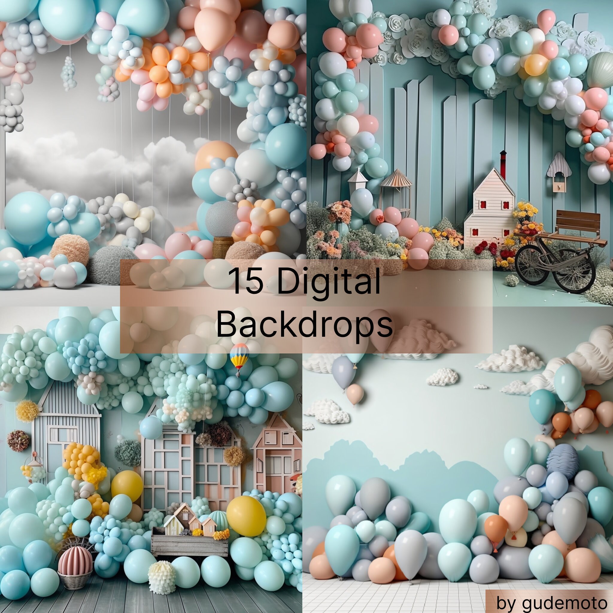 15 X Digital Backdrops, Balloon Digital Backgrounds, Baby Shower ...