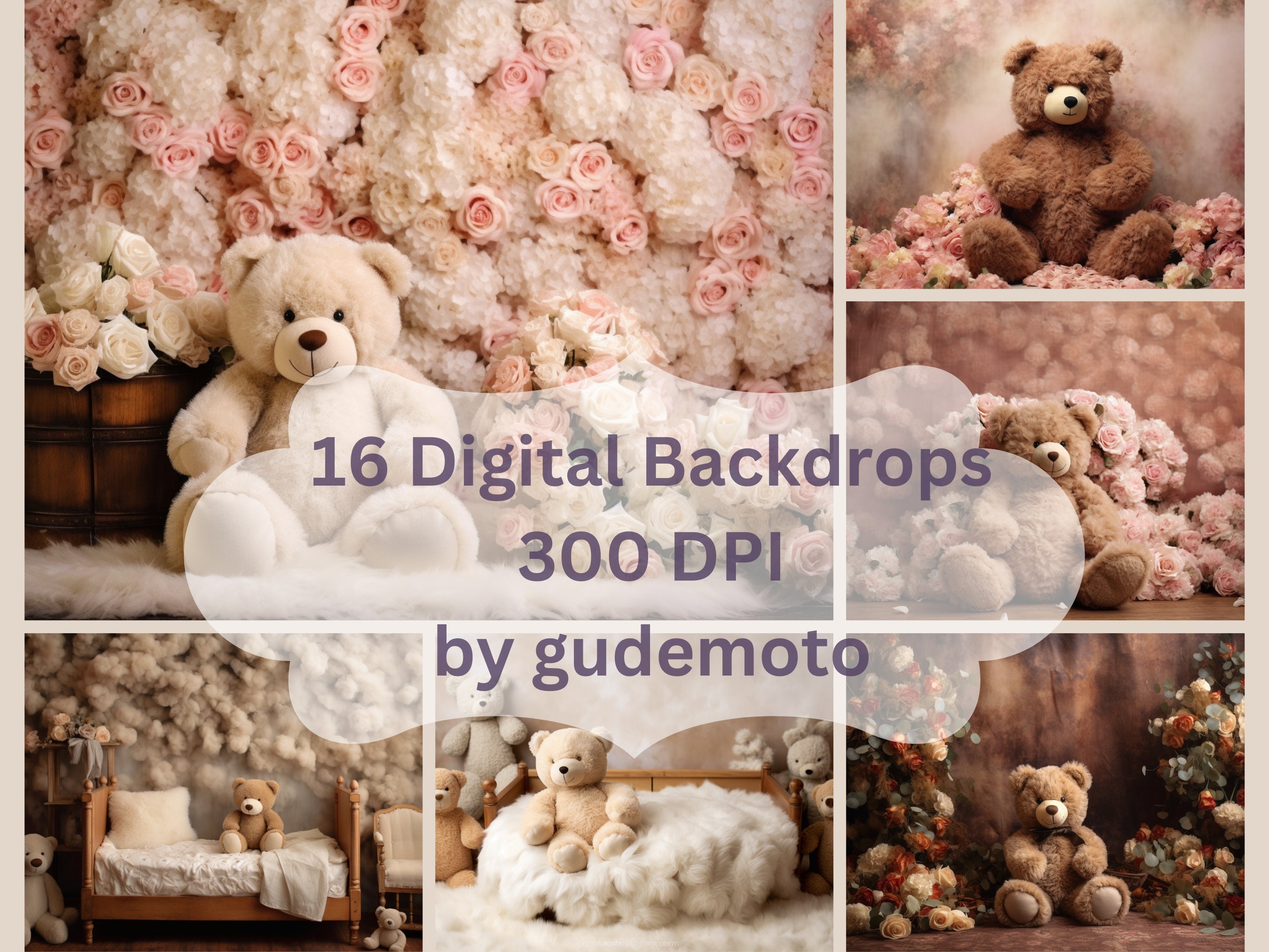 16 Digital Backgrounds, Teddy Bear Digital Backdrops, Newborn Backdrops ...