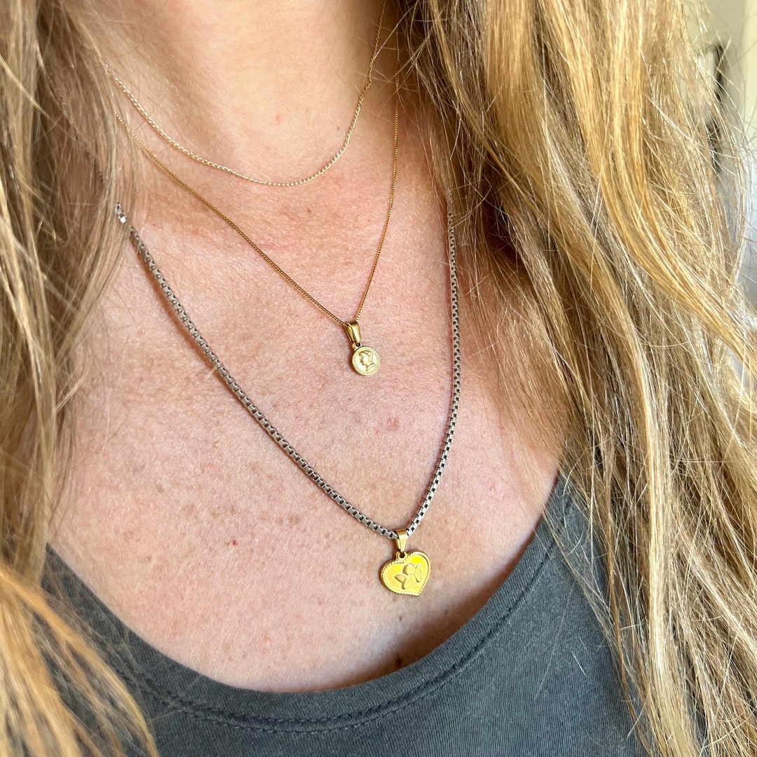 Heart Angel Necklace Silver Box Chain Heart Gold Necklace Carrie Bradshaw Necklace Layered Necklace Gift for Her Etsy