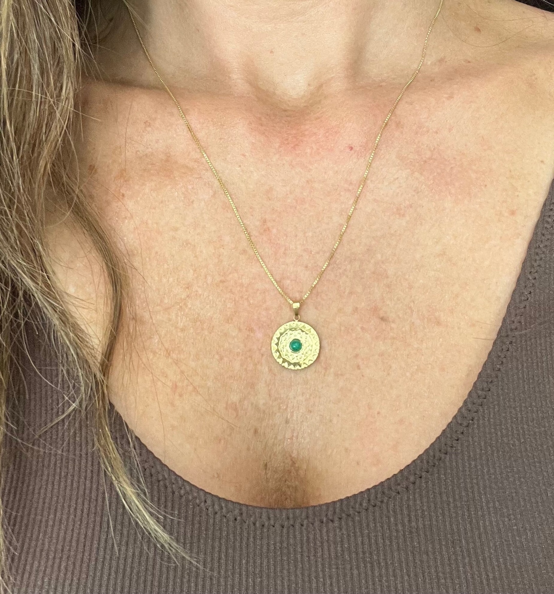 Emerald Green Circle Gold Necklace / 14K Gold Filled Box Chain / Green ...