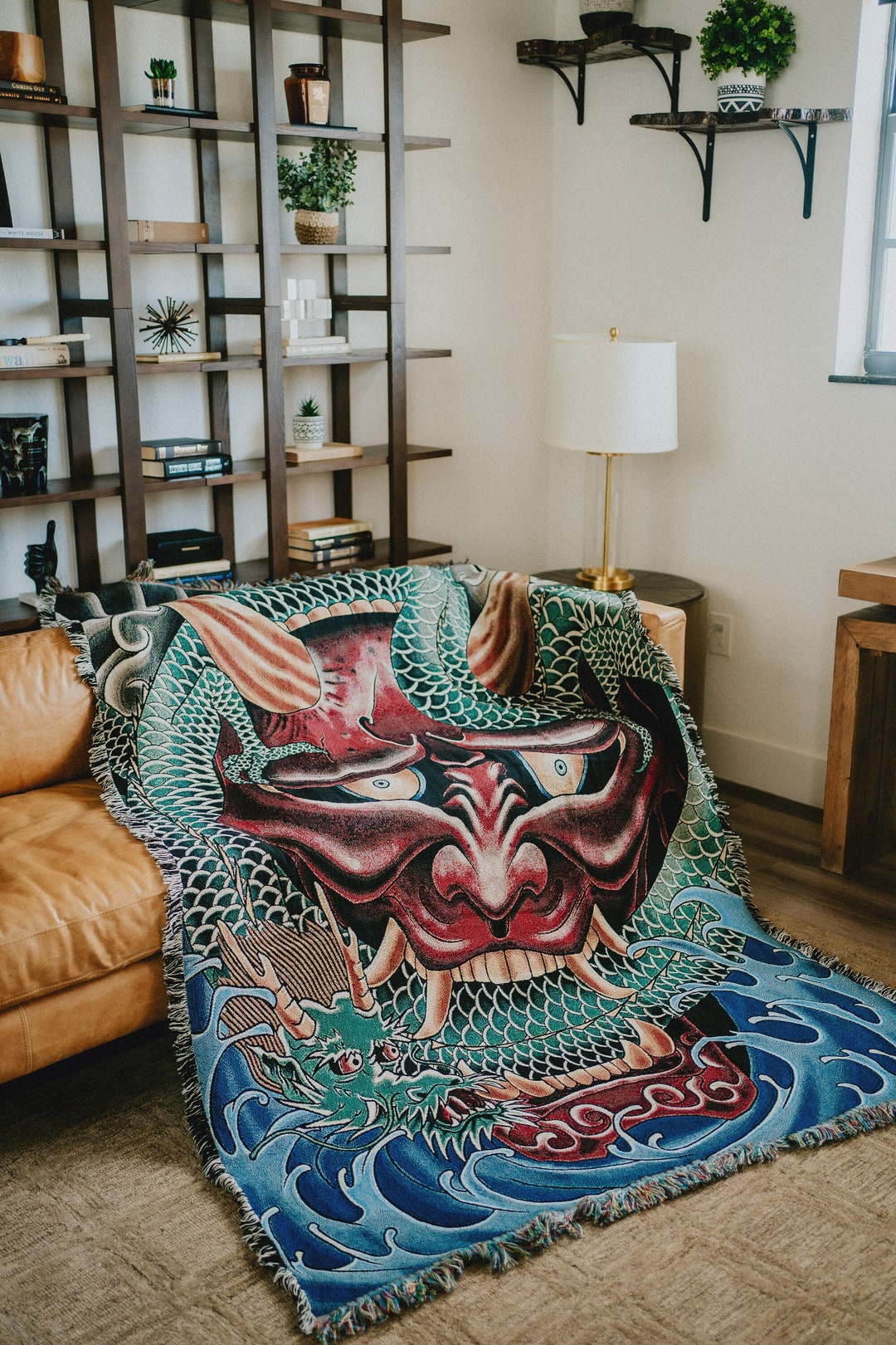 Oni Face Mask and Dragon Blanket, Gothic Throw Blanket for Couch, Asian ...