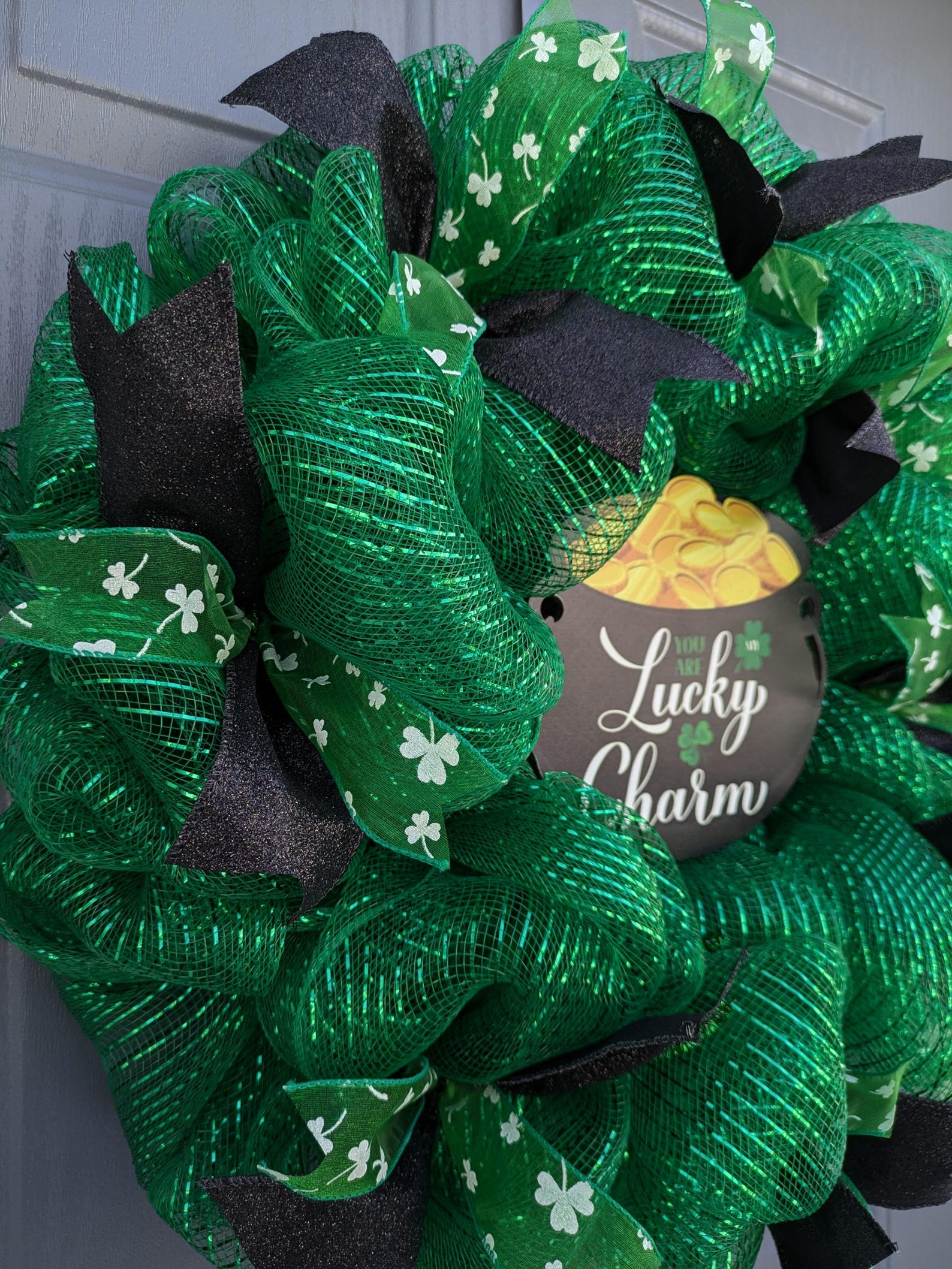St. Patrick's Day Green Deco Mesh Wreath, Lucky Charm Sign, Shamrock ...