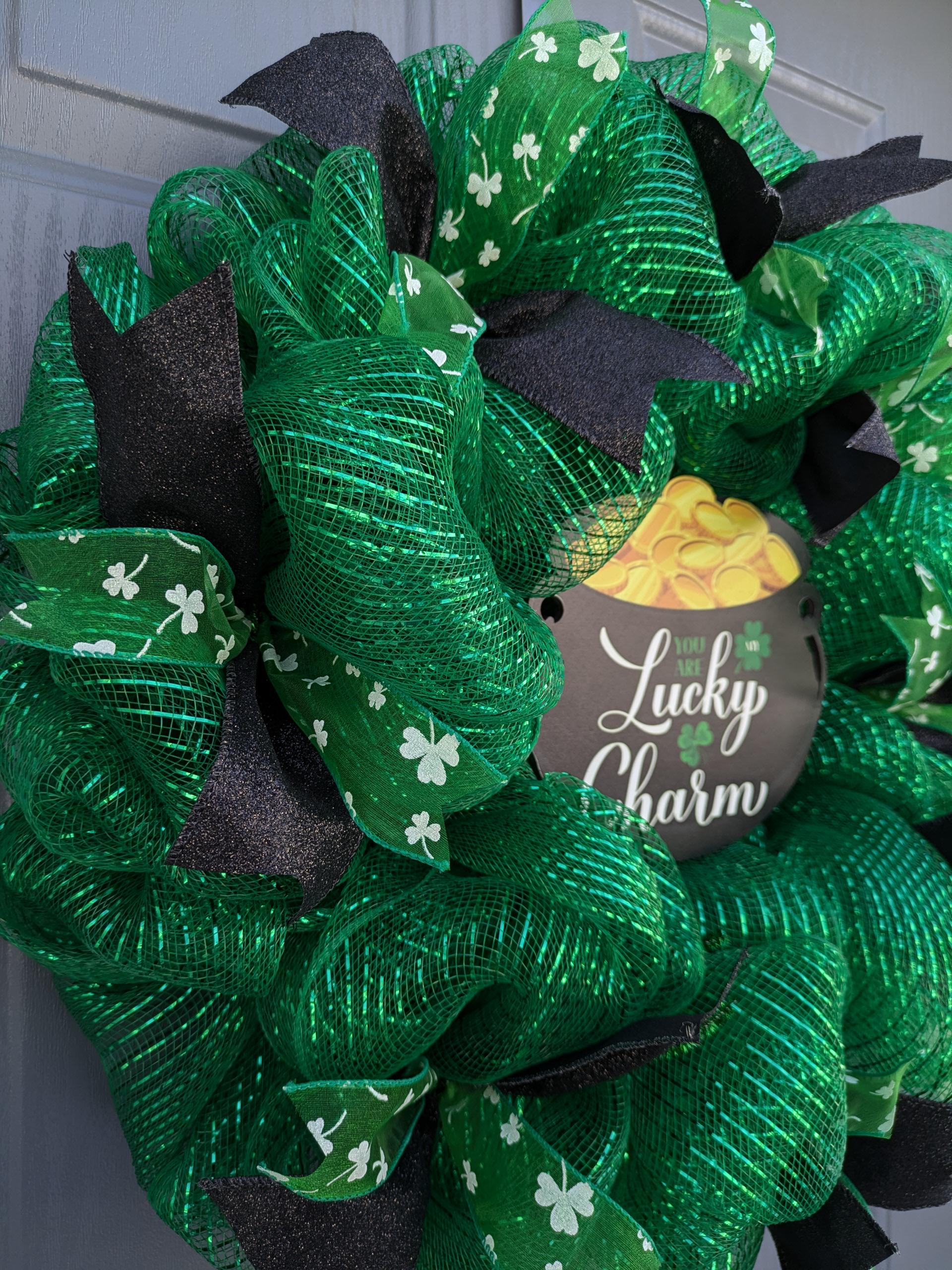 St. Patrick's Day Green Deco Mesh Wreath, Lucky Charm Sign, Shamrock ...