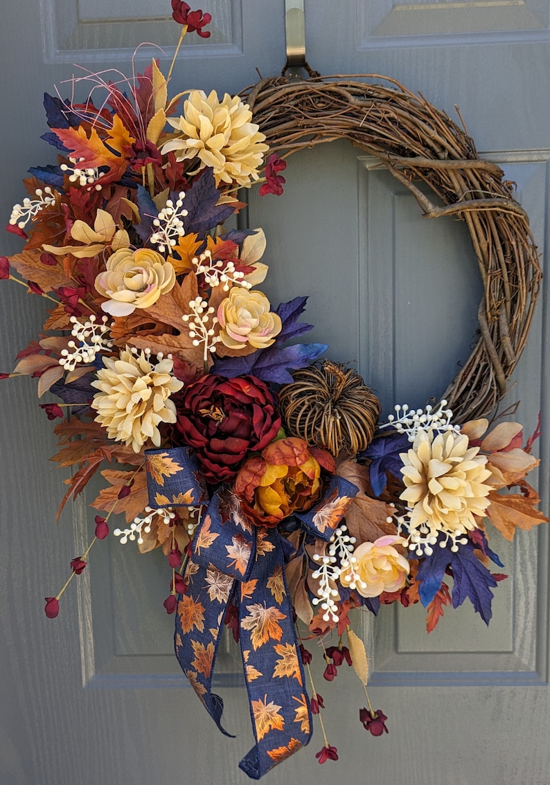 Blue and Burgundy Fall Grapevine Wreath, Peony and Rose Wreath, Fall Wreath, Thanksgiving ...