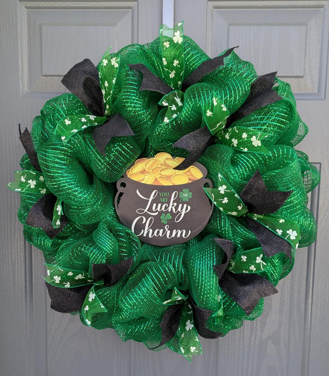 St. Patrick's Day Green Deco Mesh Wreath, Lucky Charm Sign, Shamrock ...