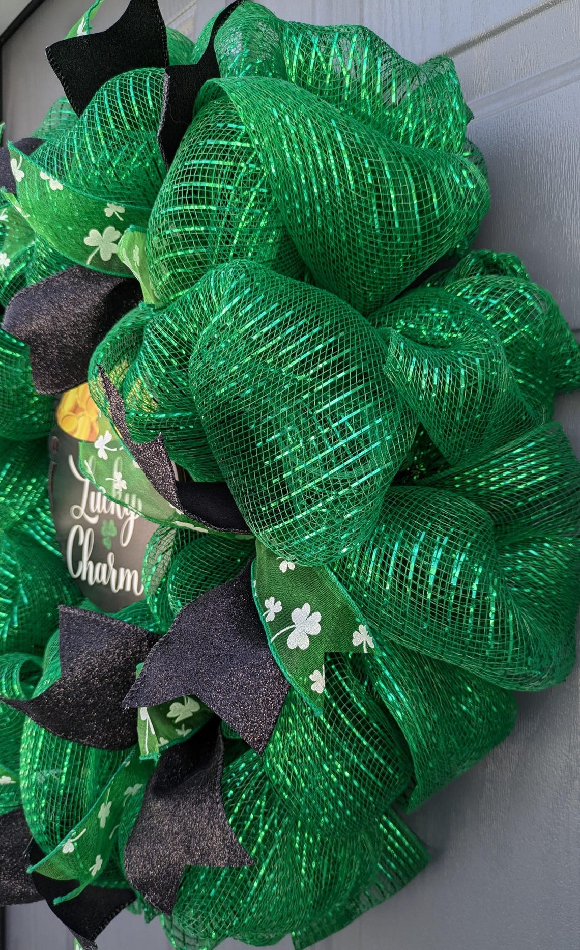 St. Patrick's Day Green Deco Mesh Wreath, Lucky Charm Sign, Shamrock ...